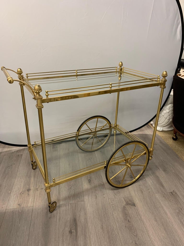 Midcentury Brass Rolling Tea Cart Bar Cart with Glass Shelves at 1stDibs
