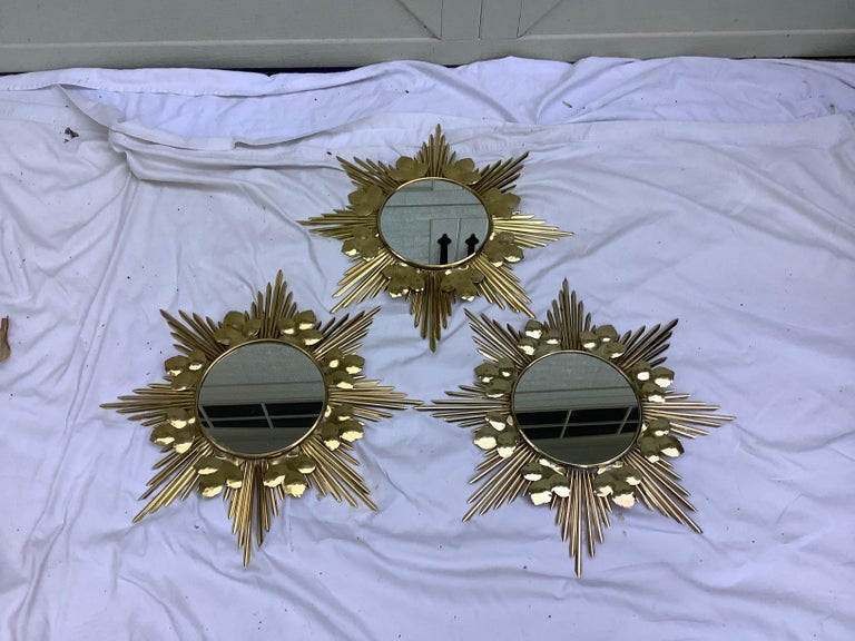 Mid-Century Brass Sunburst Mirrors, Set of 3 For Sale at 1stDibs