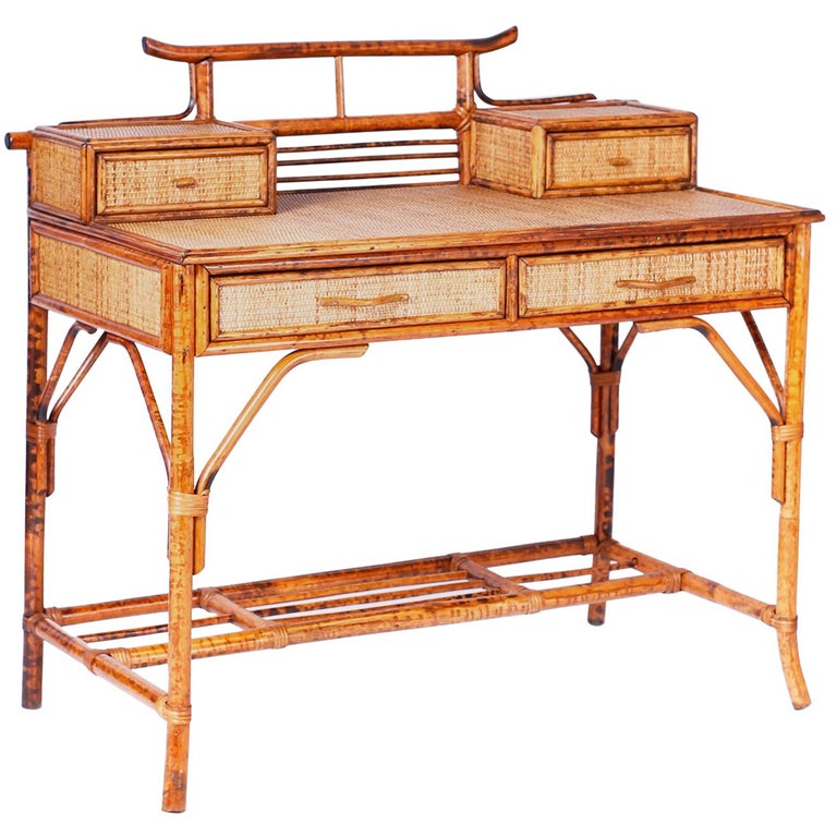 Midcentury British Colonial Bamboo and Grasscloth Desk at 1stDibs
