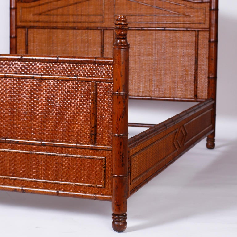 Midcentury British Colonial Style Faux Bamboo and Grasscloth Queen Bed ...