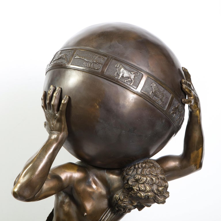 Midcentury Bronze Sculpture of Atlas Holding Globe Banded with Zodiac ...