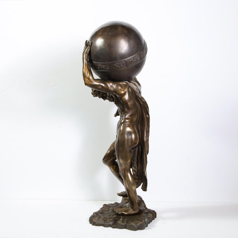 Midcentury Bronze Sculpture of Atlas Holding Globe Banded with Zodiac ...