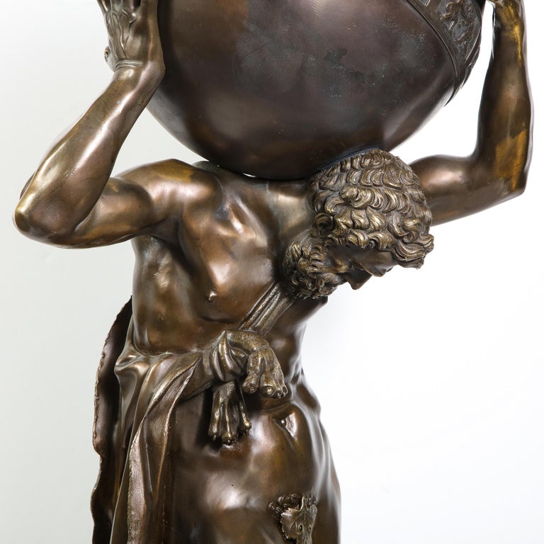 Midcentury Bronze Sculpture of Atlas Holding Globe Banded with Zodiac ...