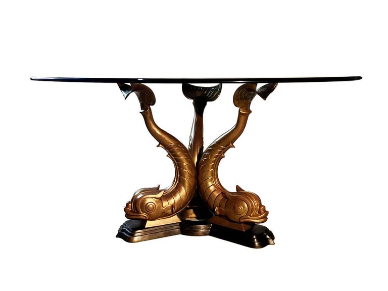 Midcentury Bronze Triple Dolphin Base Glass Top Table For Sale at ...