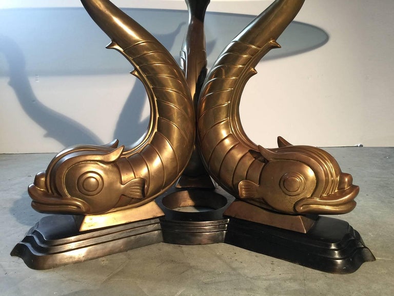 Midcentury Bronze Triple Dolphin Base Glass Top Table For Sale at ...
