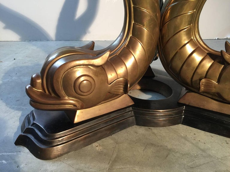 Midcentury Bronze Triple Dolphin Base Glass Top Table For Sale at ...
