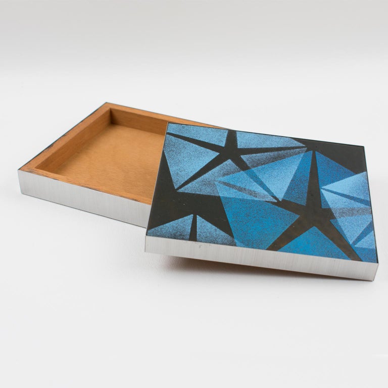 Mid-Century Brushed Aluminum and Blue Enamel Box, 1970s For Sale at 1stDibs