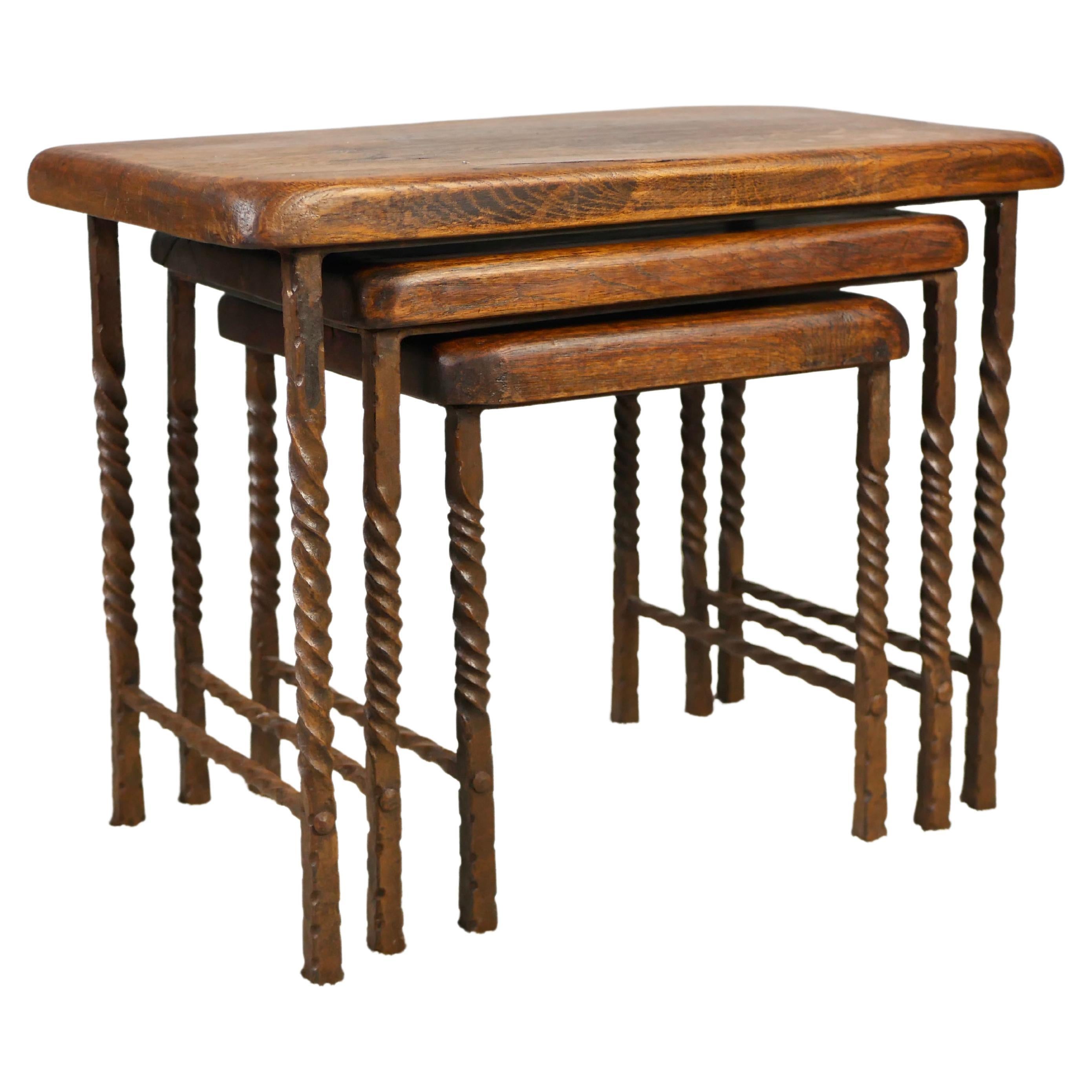 Mid-century brutalist oak and wrought iron nesting tables from France ...