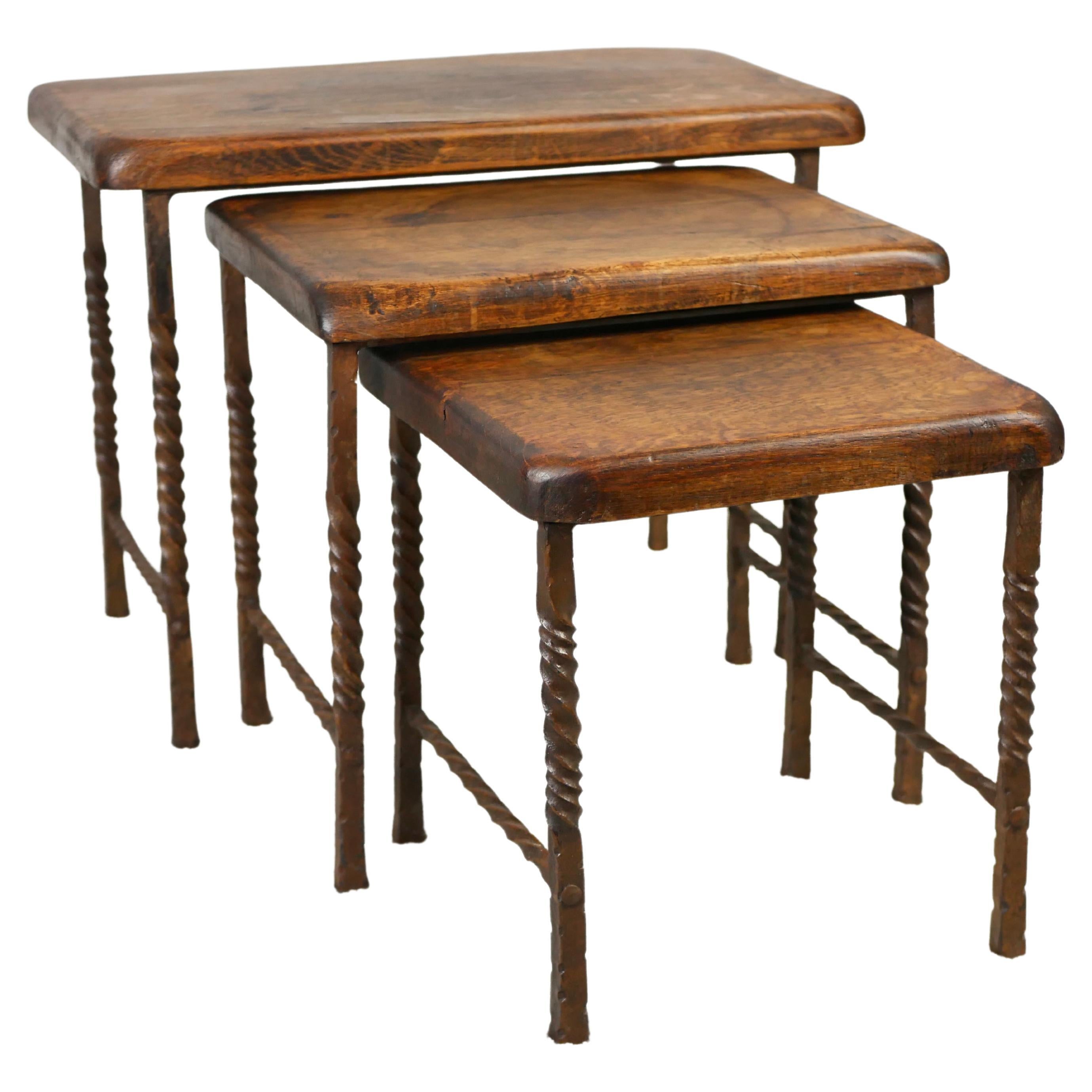 Mid-century brutalist oak and wrought iron nesting tables from France ...