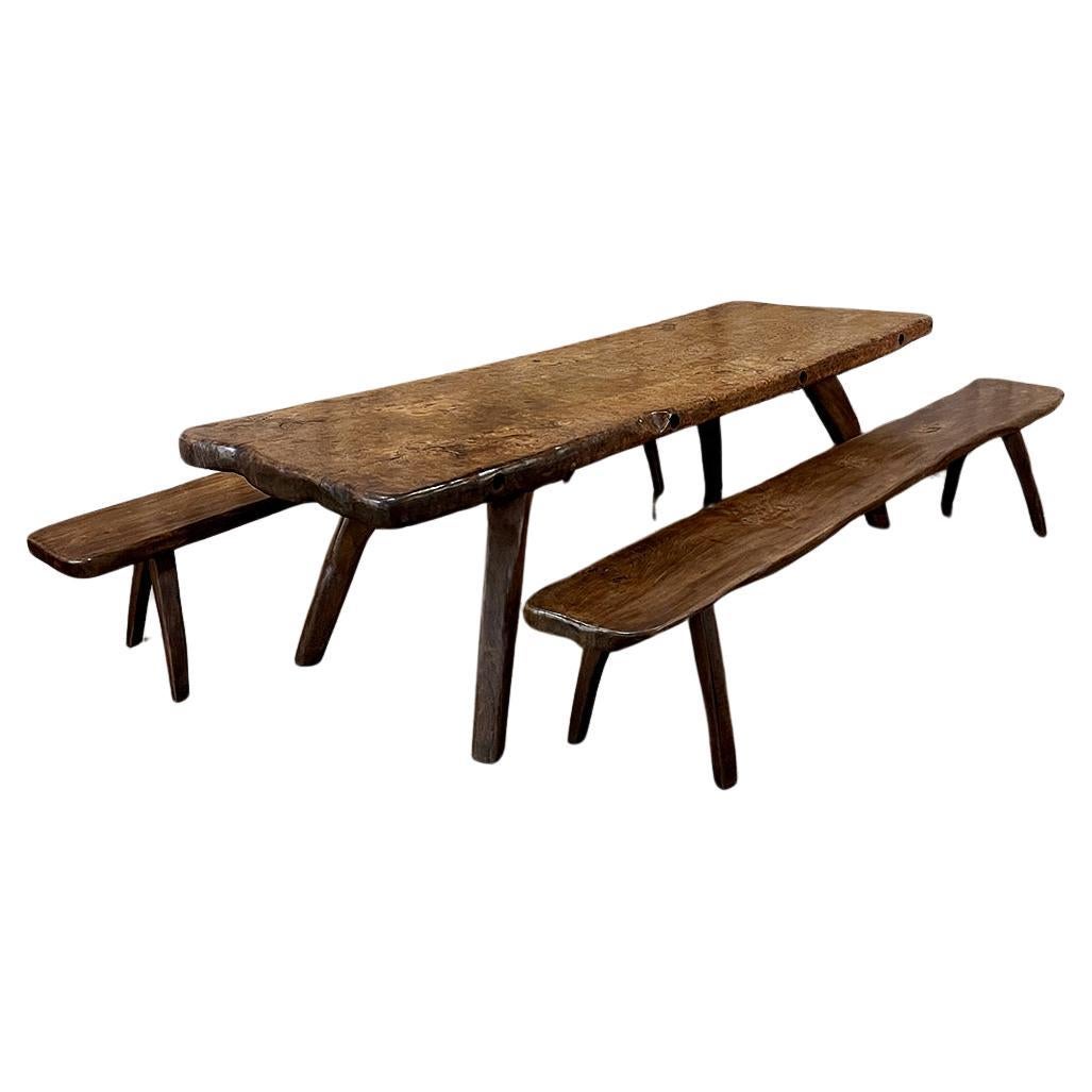 Mid-Century Burl Wood Farm Table with 2 Benches For Sale at 1stDibs