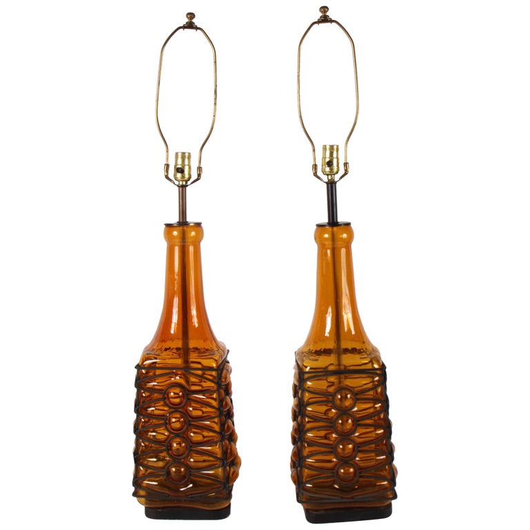 Midcentury Caged Blown Glass Table Lamps For Sale at 1stDibs