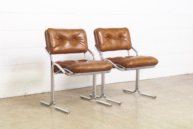 Midcentury Cal-Style Chrome and Brown Naugahyde Side Chairs at 1stDibs