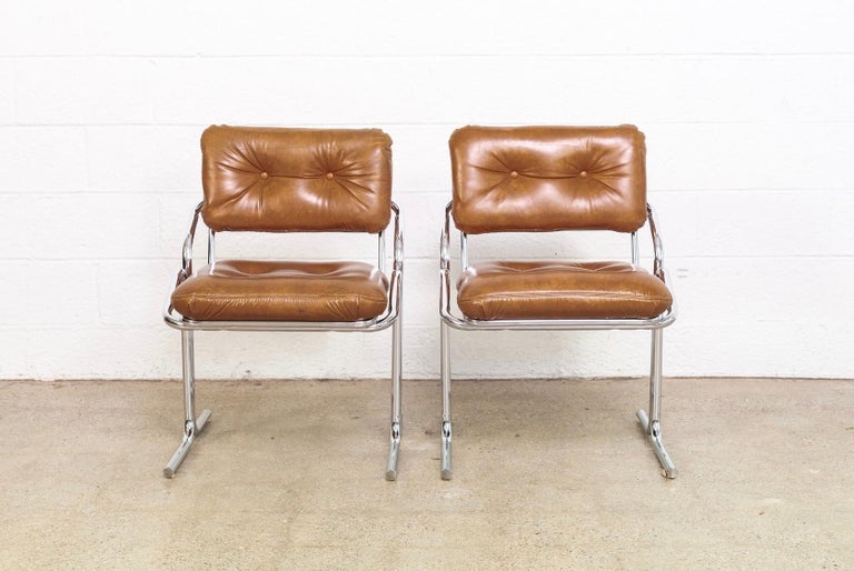 Midcentury Cal-Style Chrome and Brown Naugahyde Side Chairs at 1stDibs