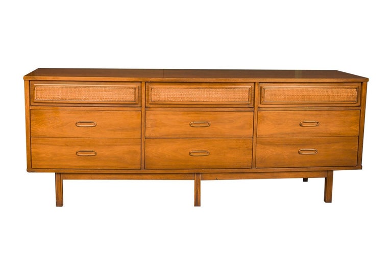 Mid Century Cane Walnut Brass Long Triple Dresser At 1stdibs Very