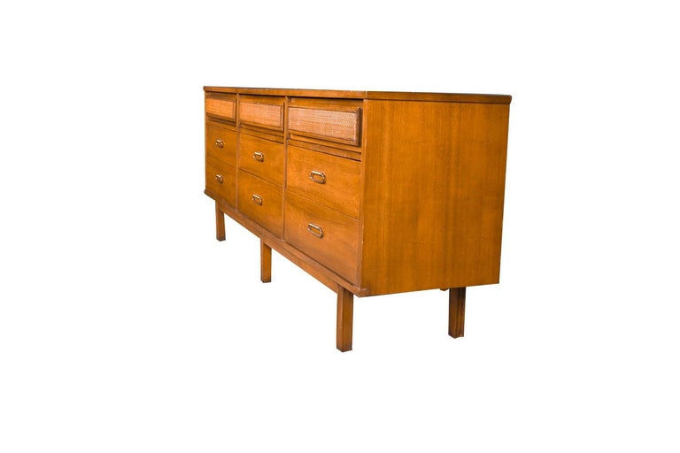 Mid Century Cane Walnut Brass Long Triple Dresser At 1stdibs Very