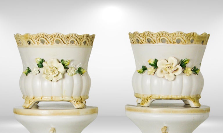 Mid-Century Capo Di Monte Italy Pair of Jardinières on Pedestal Stands ...