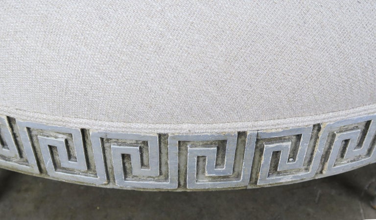 Midcentury Carved Greek Key Round Linen Ottoman at 1stDibs