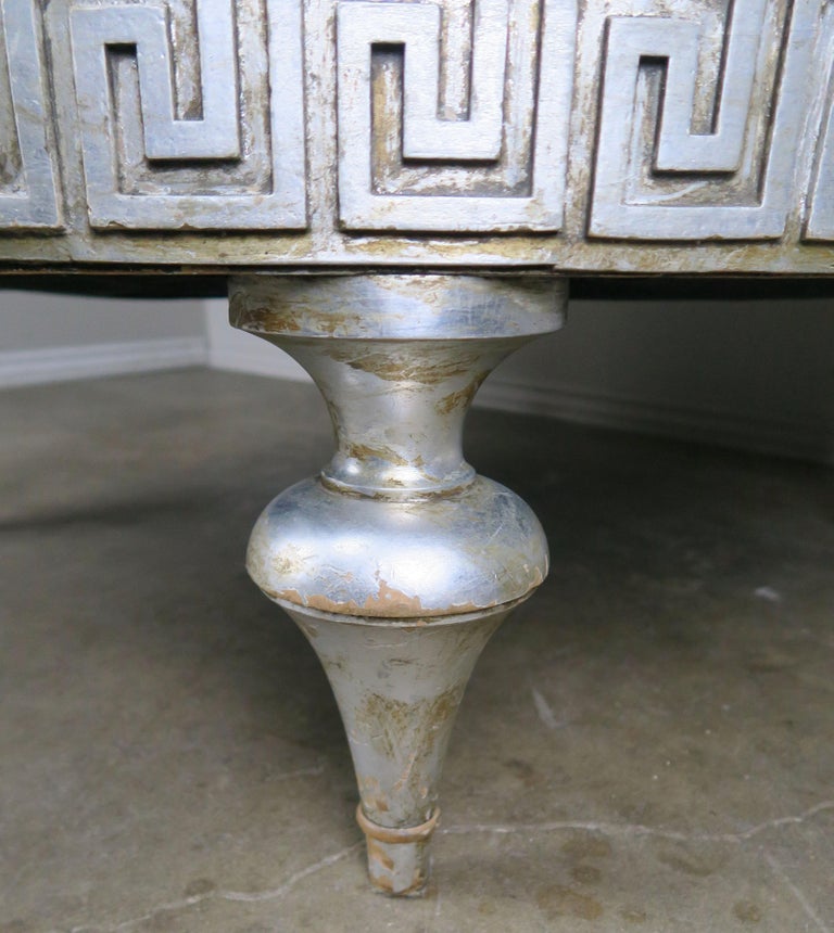 Midcentury Carved Greek Key Round Linen Ottoman at 1stDibs