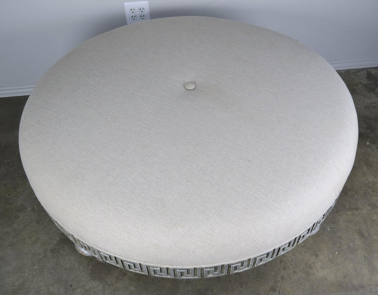 Midcentury Carved Greek Key Round Linen Ottoman at 1stDibs