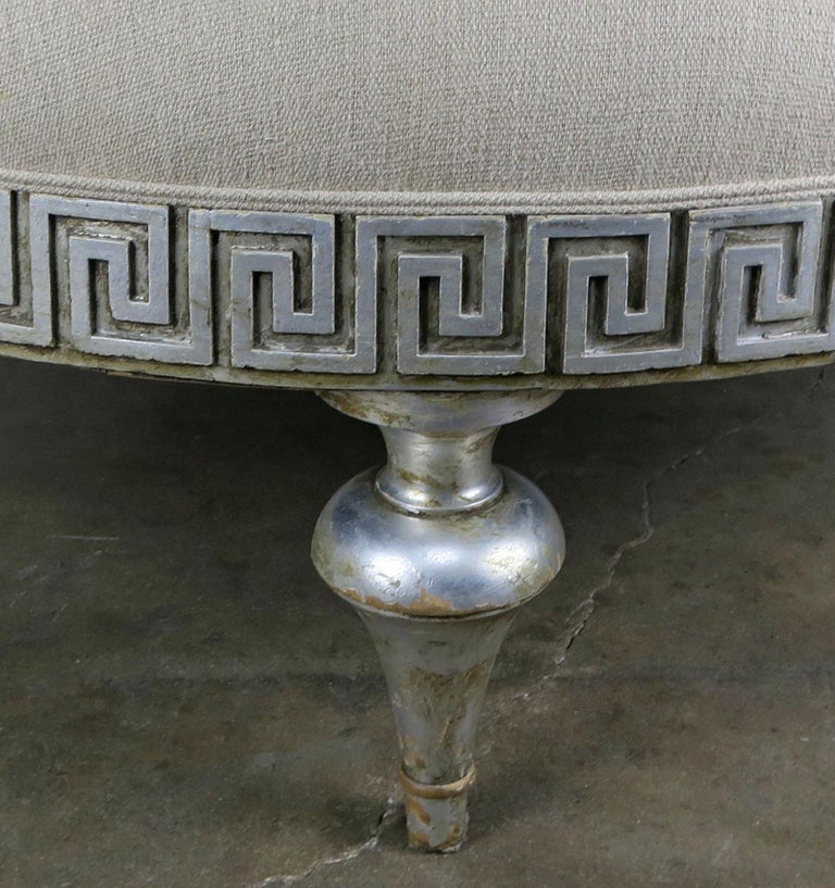 Midcentury Carved Greek Key Round Linen Ottoman at 1stDibs