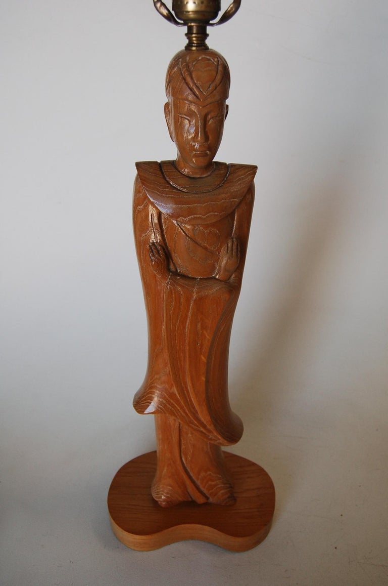 Midcentury Carved Oak Chinese Monk Wood Figure Lamp For Sale at 1stDibs