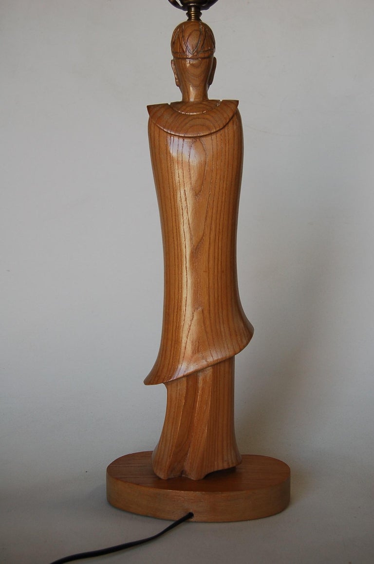 Midcentury Carved Oak Chinese Monk Wood Figure Lamp For Sale at 1stDibs