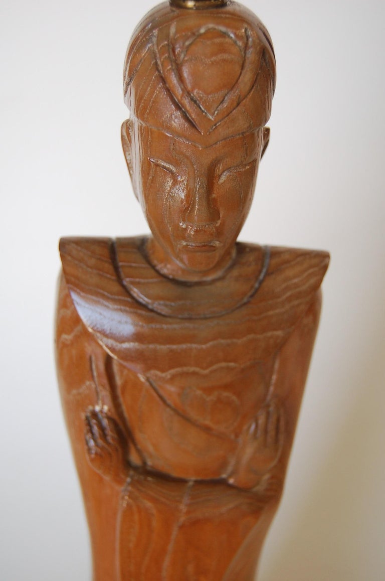 Midcentury Carved Oak Chinese Monk Wood Figure Lamp For Sale at 1stDibs