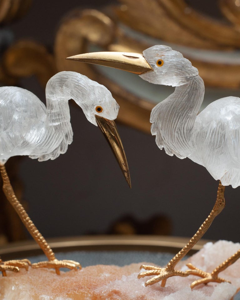 Mid Century Carved Rock Crystal Crane Pair with Orange Calcite and ...