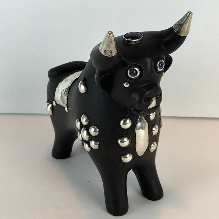 Midcentury Carved Wood and Silver Taurus Bull Sculpture For Sale at 1stDibs