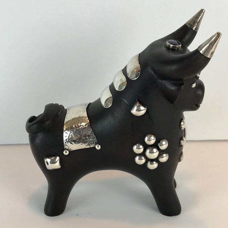 Midcentury Carved Wood and Silver Taurus Bull Sculpture For Sale at 1stDibs