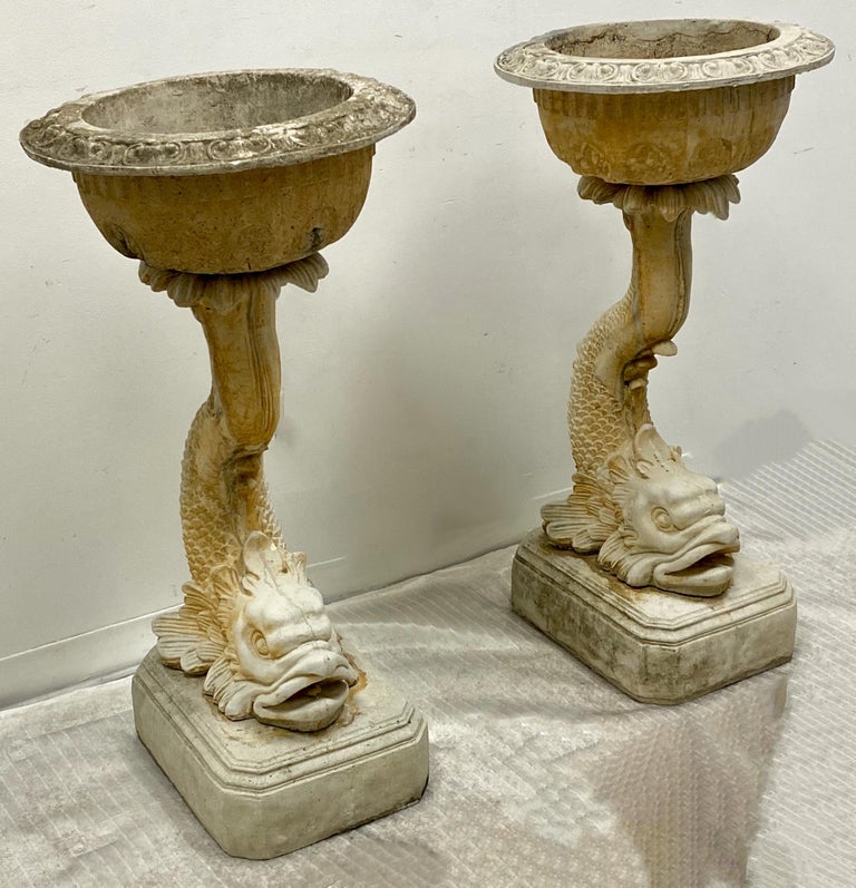Mid-Century Cast Concrete Dolphin Form Garden Pedestal Plant Stands ...