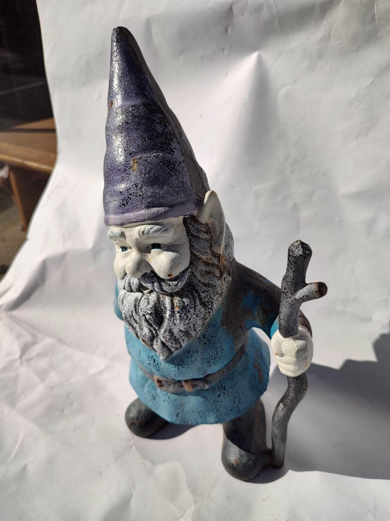 Mid Century Cast Iron Gnome with Walking Stick Doorstop For Sale at 1stDibs