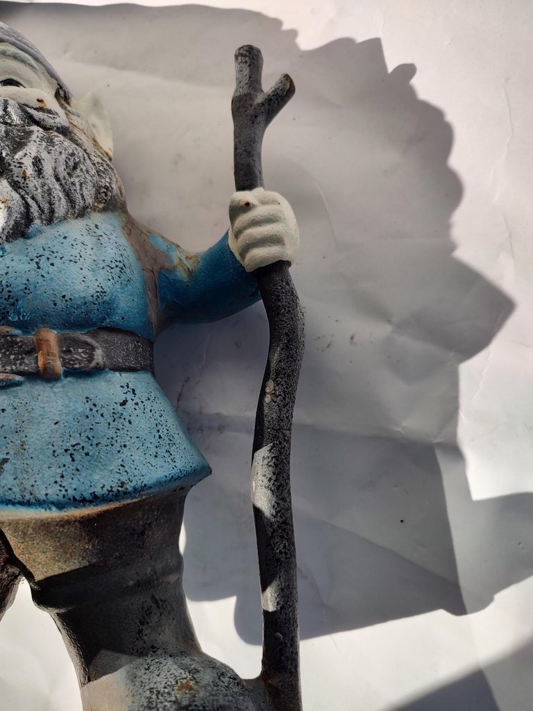 Mid Century Cast Iron Gnome with Walking Stick Doorstop at 1stDibs