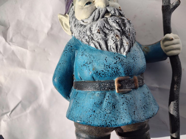 Mid Century Cast Iron Gnome with Walking Stick Doorstop For Sale at 1stDibs