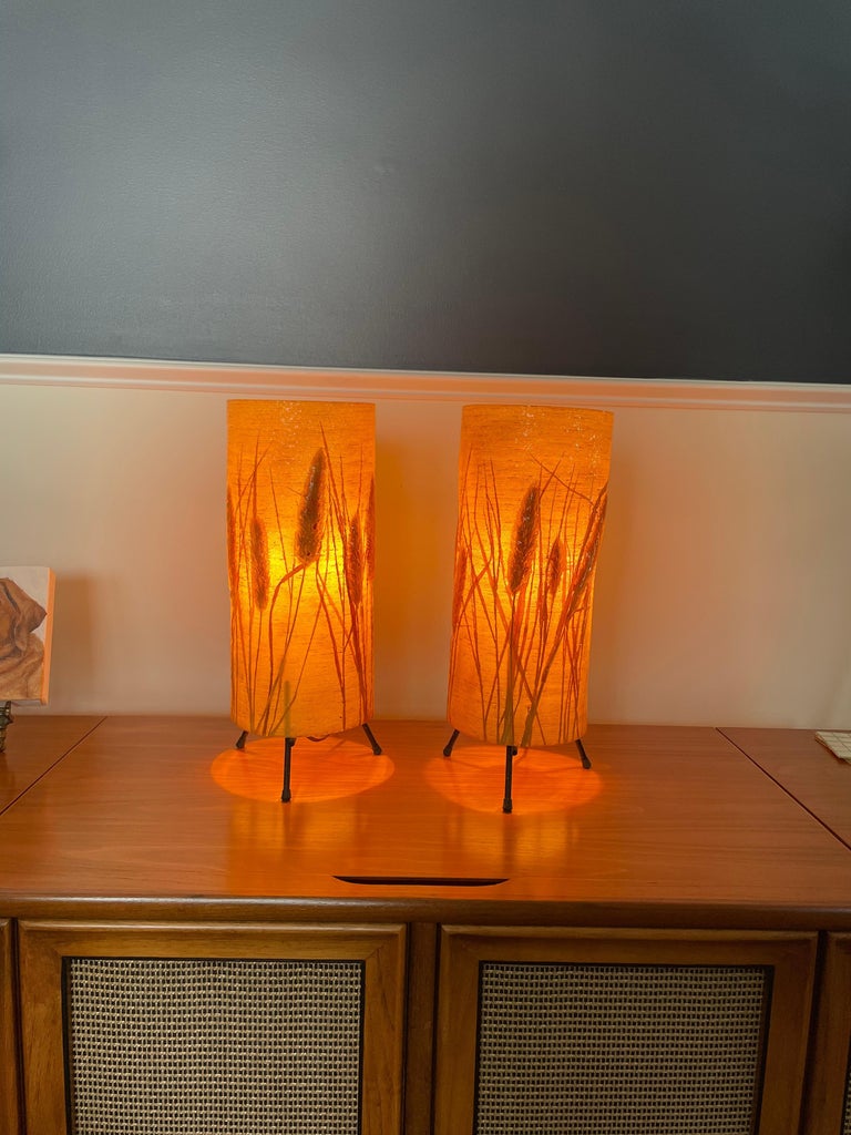 Mid Century Cattail Lamps on Iron Base For Sale at 1stDibs