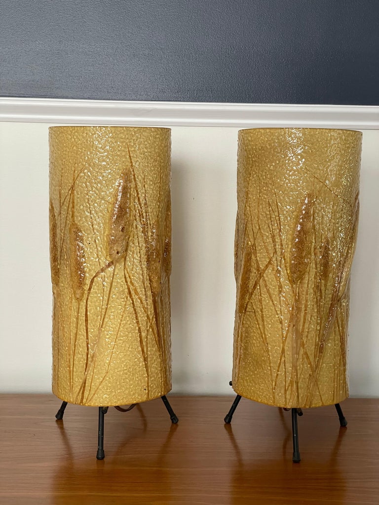 Mid Century Cattail Lamps on Iron Base For Sale at 1stDibs