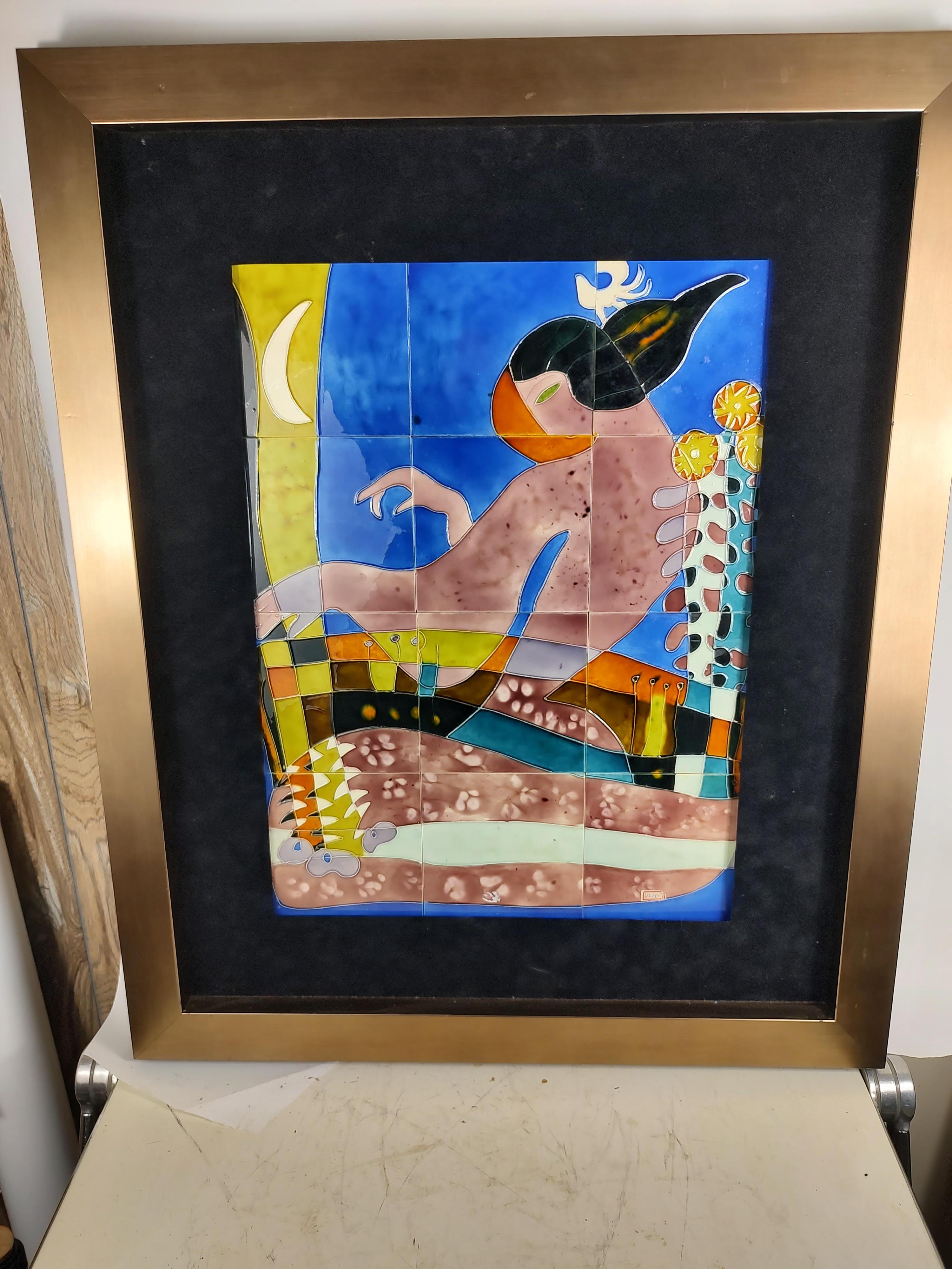 Midcentury Ceramic Japanese Tile Art of a Samurai Framed 12 Tiles For ...