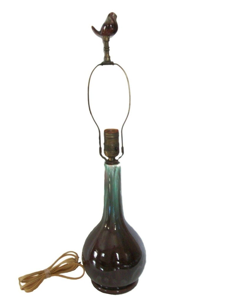 Mid-Century Ceramic Lamp with Bird Finial, Eggplant and Turquoise Glaze ...