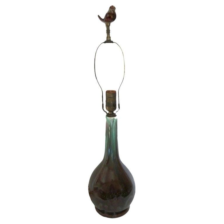 Mid-Century Ceramic Lamp with Bird Finial, Eggplant and Turquoise Glaze ...