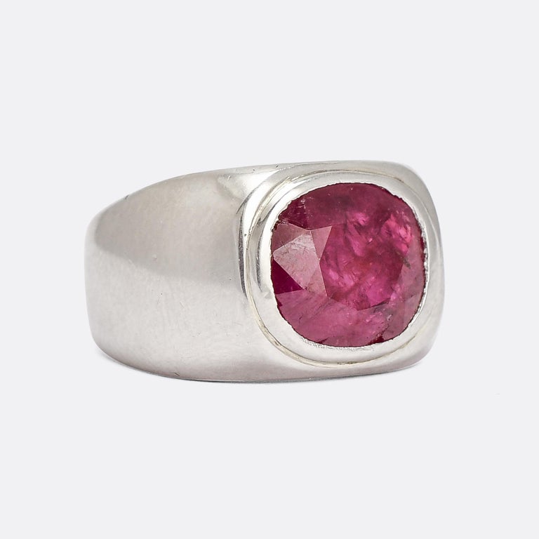 Midcentury Certified 5.59 Carat Burma Ruby Platinum Signet Ring at 1stDibs