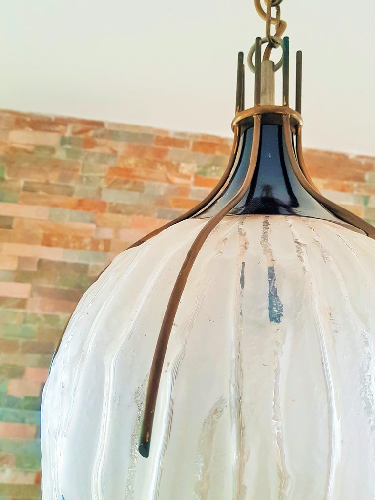 Mid-Century Chandelier Pendant Frosted Glass, Brass by Angelo Brotto ...
