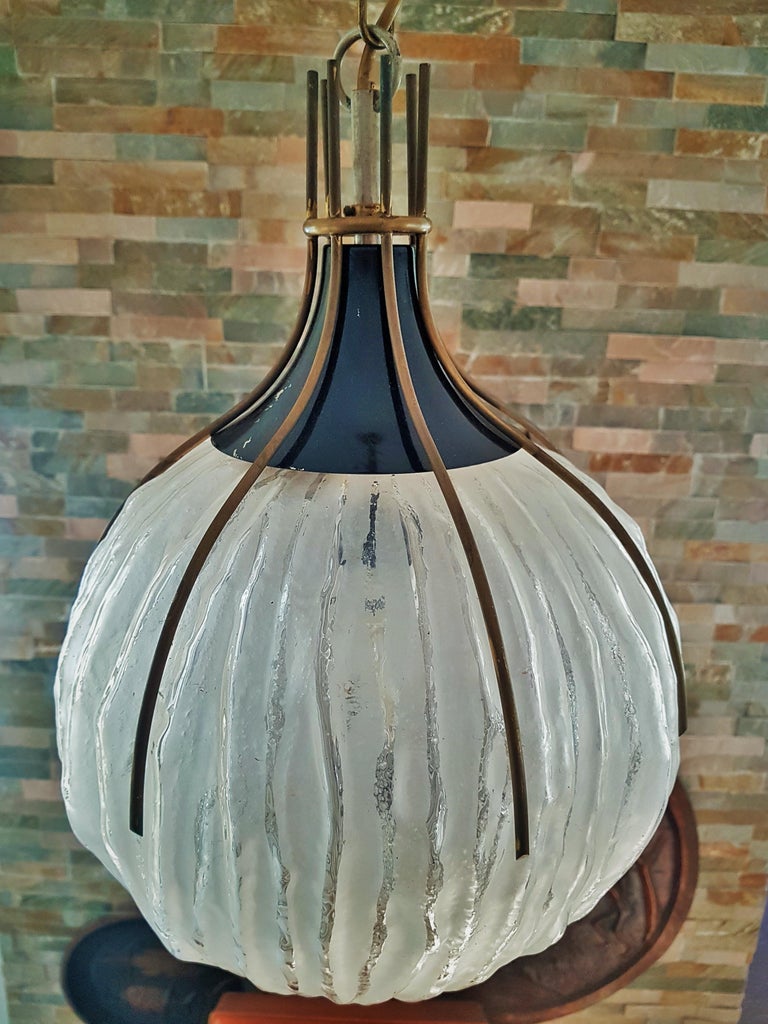 Mid-Century Chandelier Pendant Frosted Glass, Brass by Angelo Brotto ...