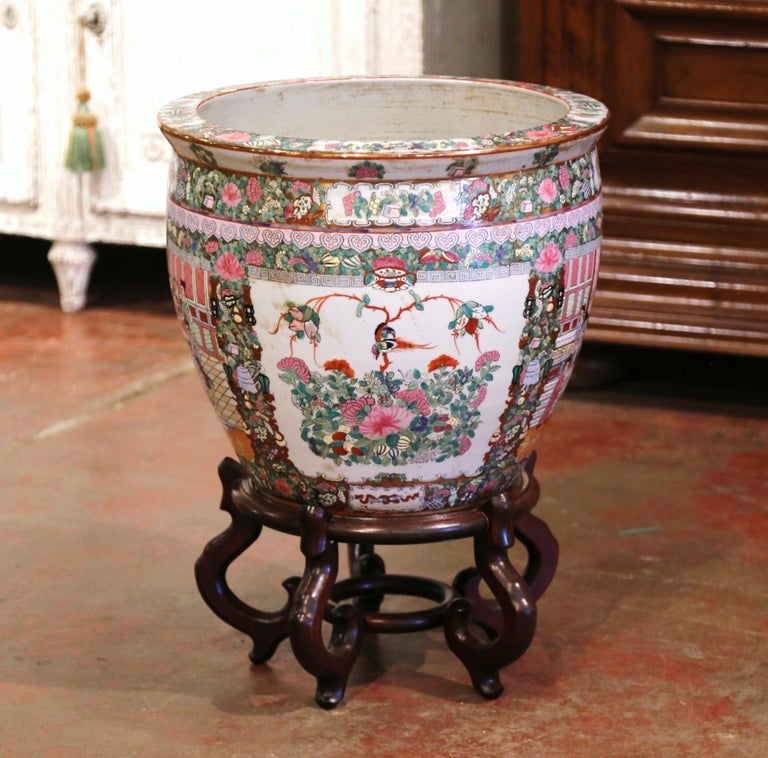 Mid-Century Chinese Porcelain Famille Rose Fish Bowl on Wood Stand at ...