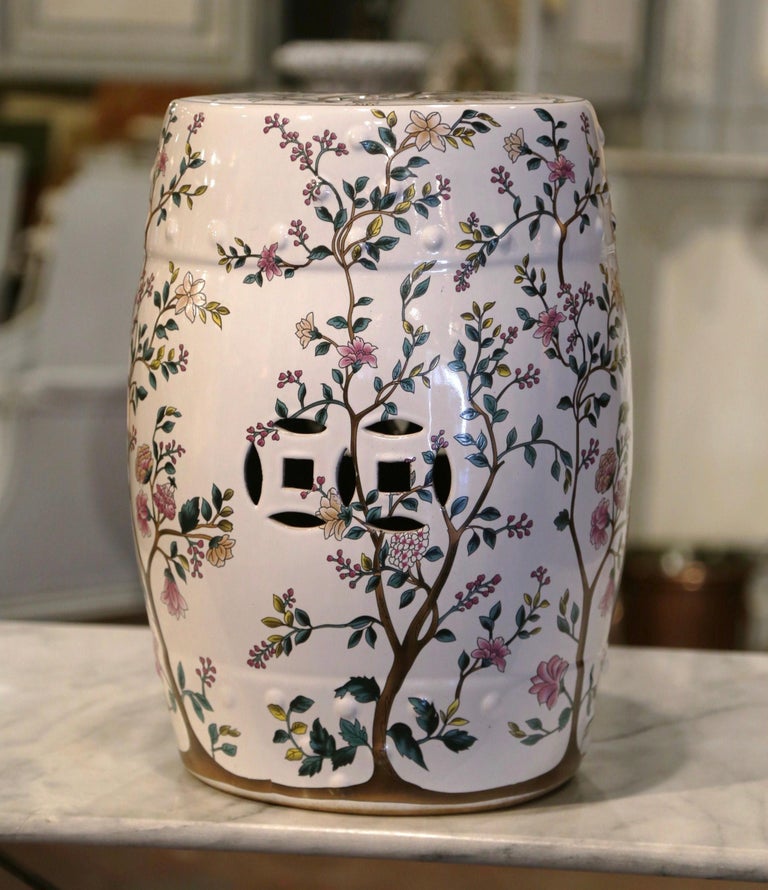 Mid Century Chinese Porcelain Garden Stool with Tree and Foliage Motifs ...