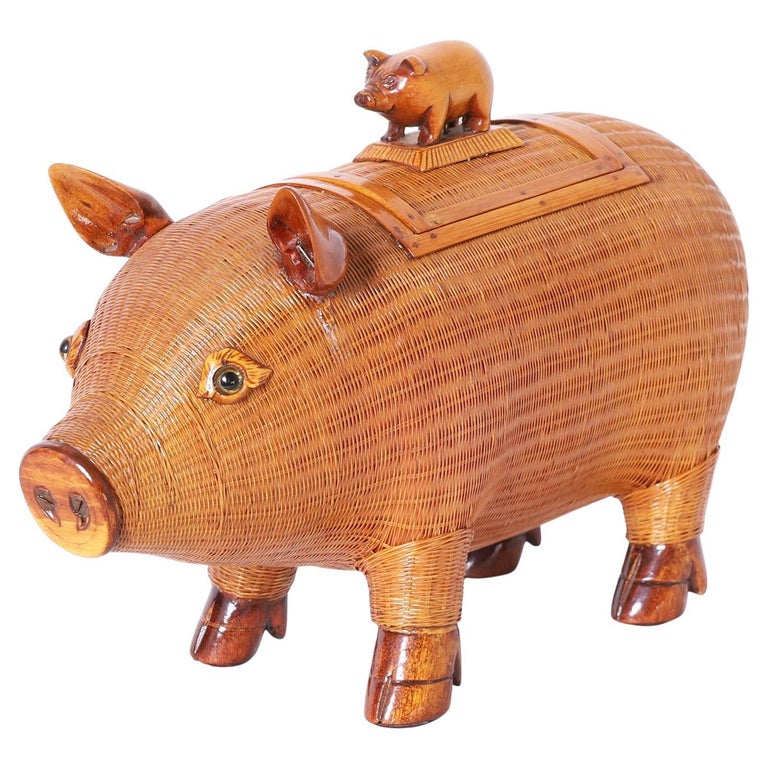Mid-Century Chinese Wicker Pig Box For Sale at 1stDibs