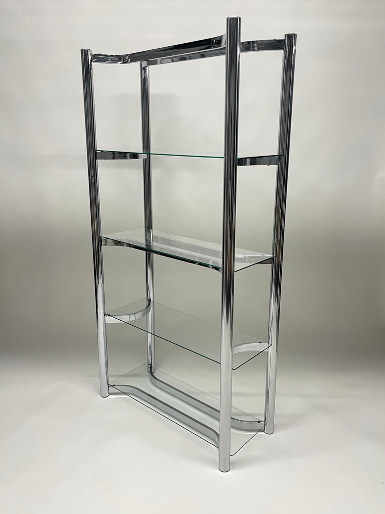 Mid Century Chrome and Glass Etagere Bookcase Shelving For Sale at 1stDibs