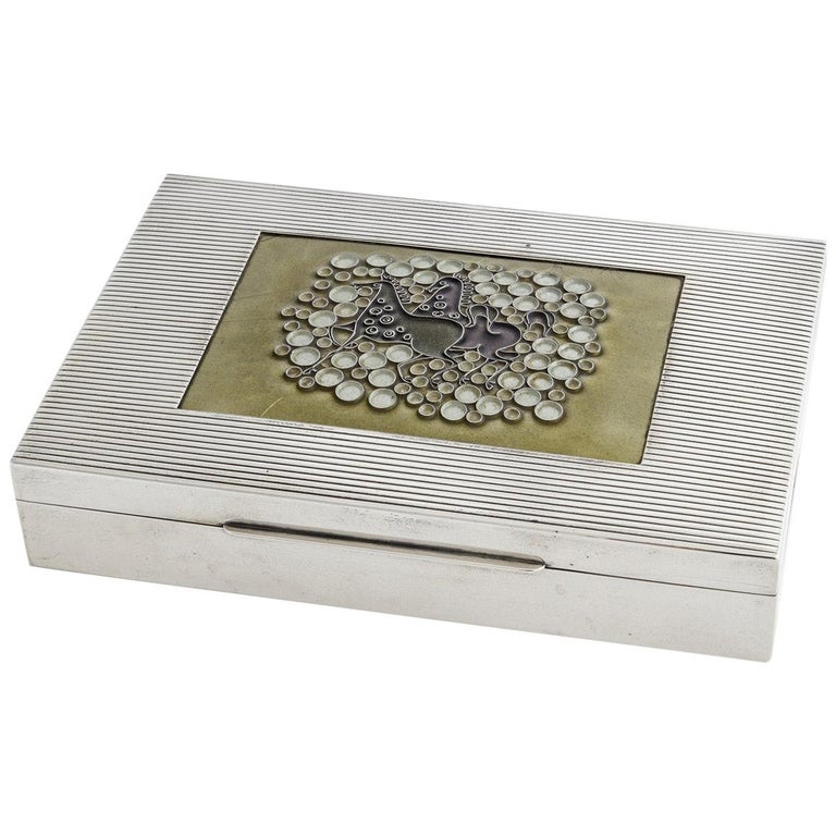 Midcentury Cigarette Box stylized Horses Enamel Sterling Silver ...