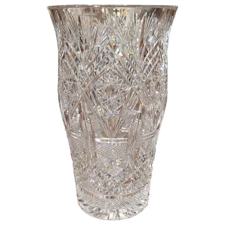 Midcentury Clear Cut Glass Crystal Vase with Floral and Leaf Motifs at ...