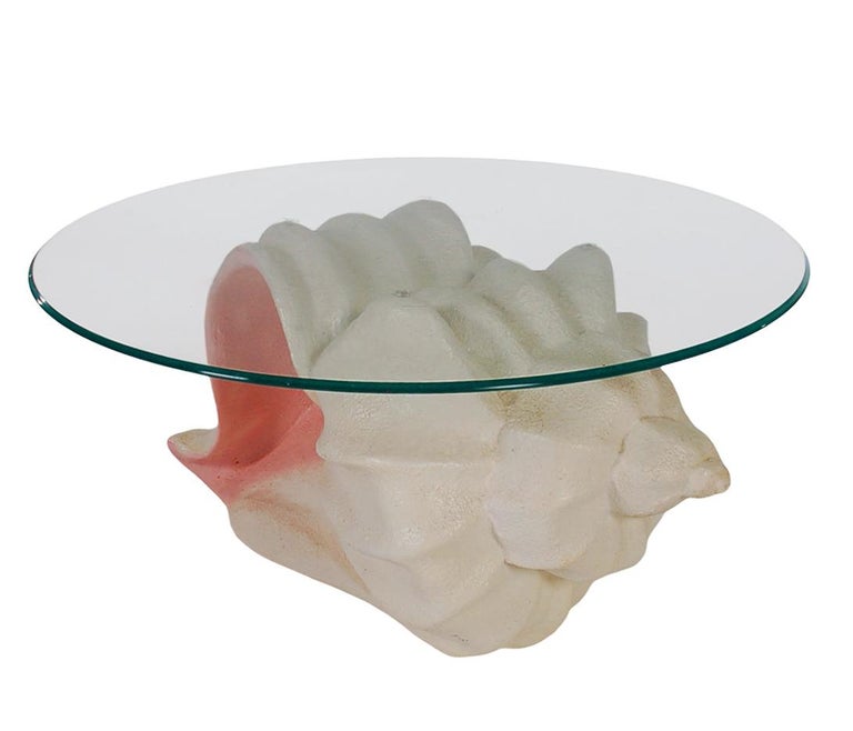 Mid-Century Coastal Modern Shell Form Plaster End Table in White and ...