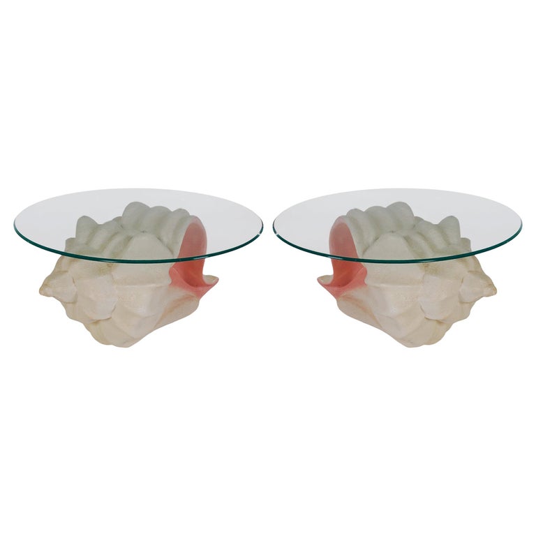 Mid-Century Coastal Modern Shell Form Plaster End Table in White and ...